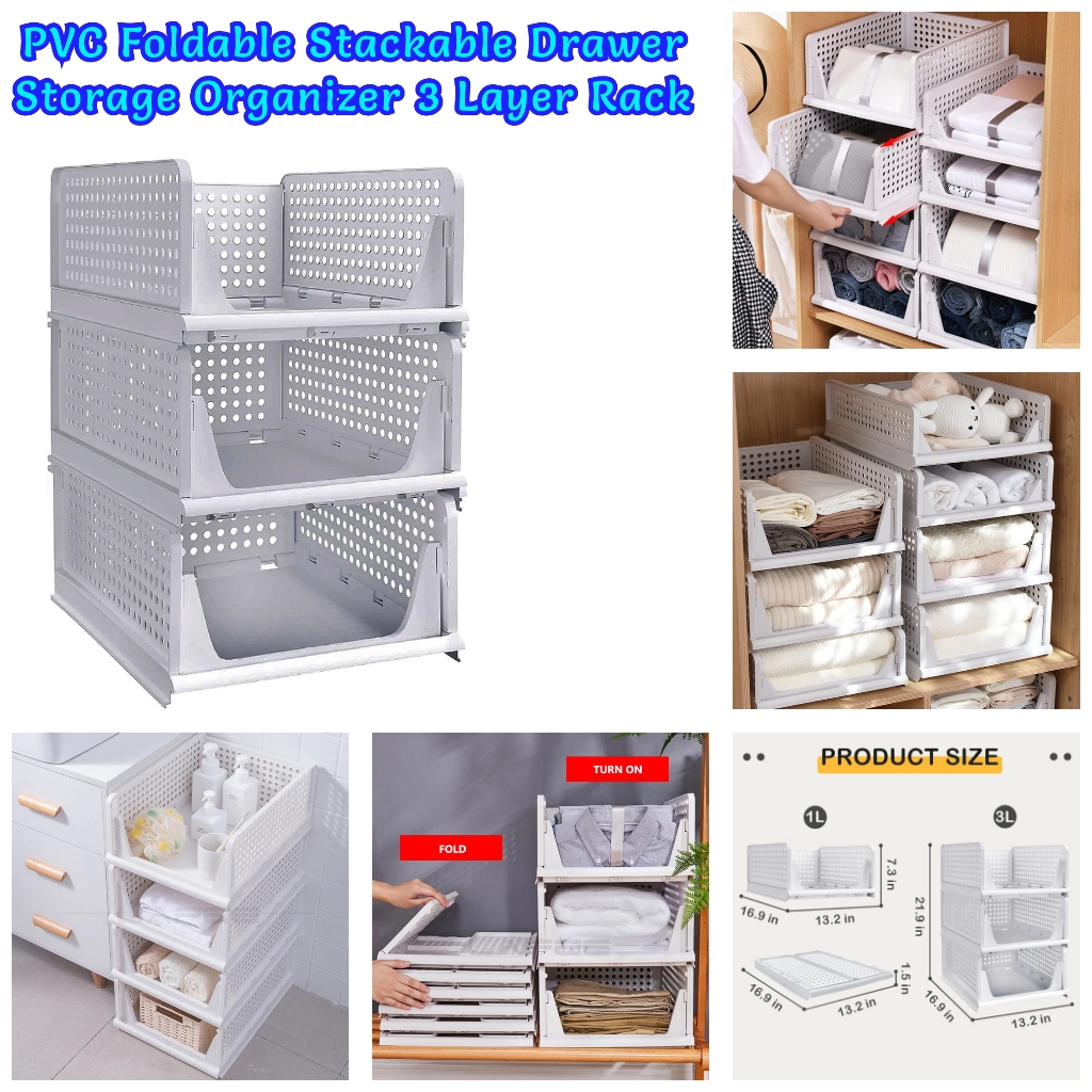 PVC Foldable Stackable Drawer Wardrobe Storage Organizer 3 Layer Rack ...